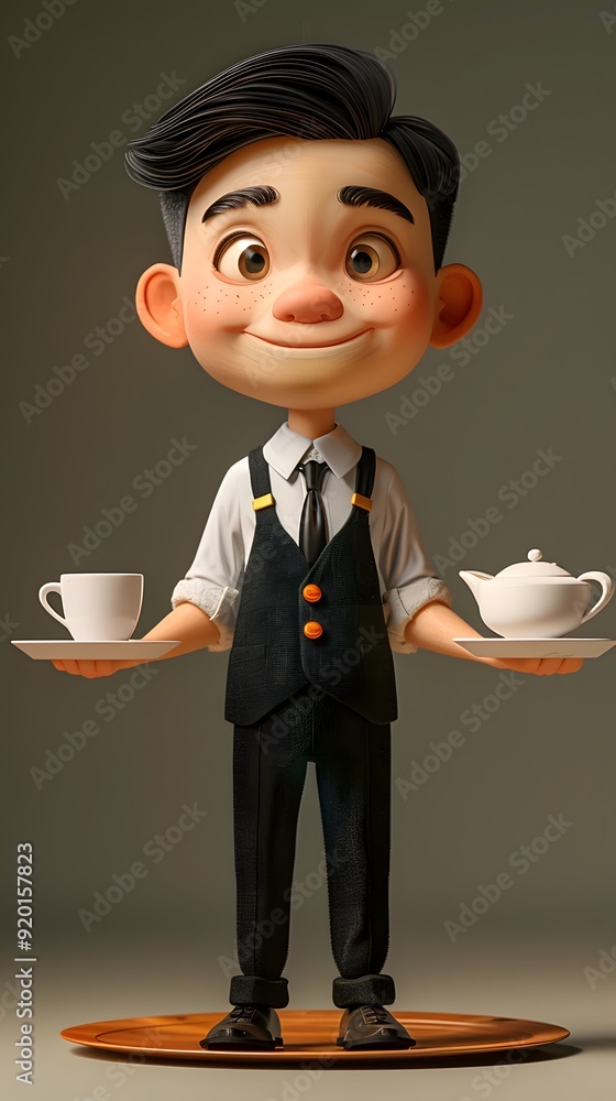 Charming 3D character model of a waiter in a Chinese restaurant, set in ... Charming 3D character model of a waiter in a Chinese restaurant, set in ...