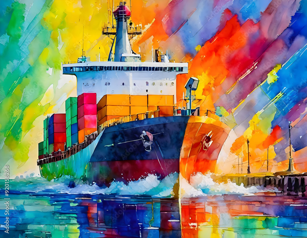 cargo ship, with vivid colors and intricate patterns that create a bold ...