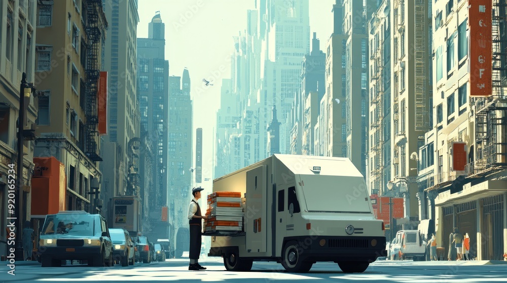 A detailed 3D animation depicts a postman delivering mail in a bustling ...