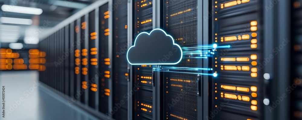 Cloud server room with digital data streams flowing from on-premises ...