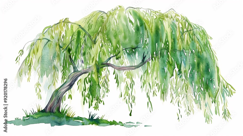 Willow tree with drooping branches,Clipart, watercolor illustration ...