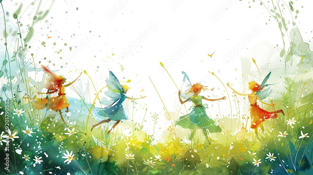 Fairies dancing in a sunlit glade,Clipart, watercolor illustration ...