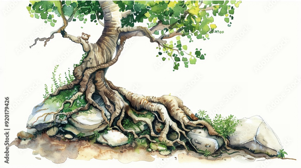 Trolls hiding beneath ancient tree roots,Clipart, watercolor ...