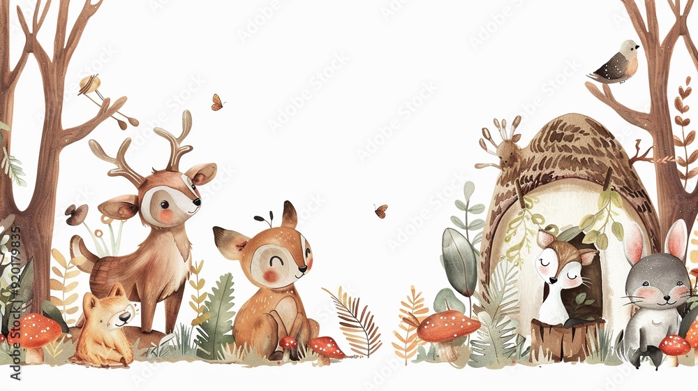 Forest critters exploring their woodland home,Clipart, watercolor ...