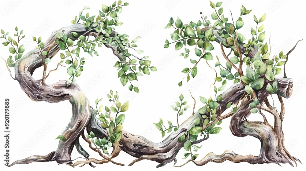 Vines twisting around tree trunks,Clipart, watercolor illustration ...