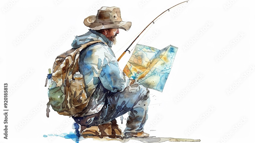 Fisherman with a map planning a fishing trip,Clipart, watercolor ...