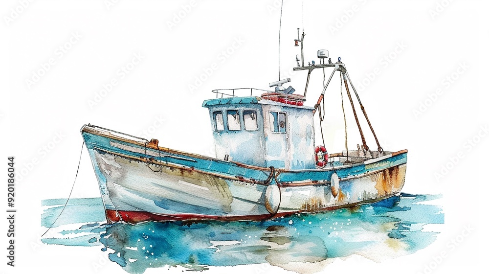 Fishing boat anchored in shallow waters,Clipart, watercolor ...
