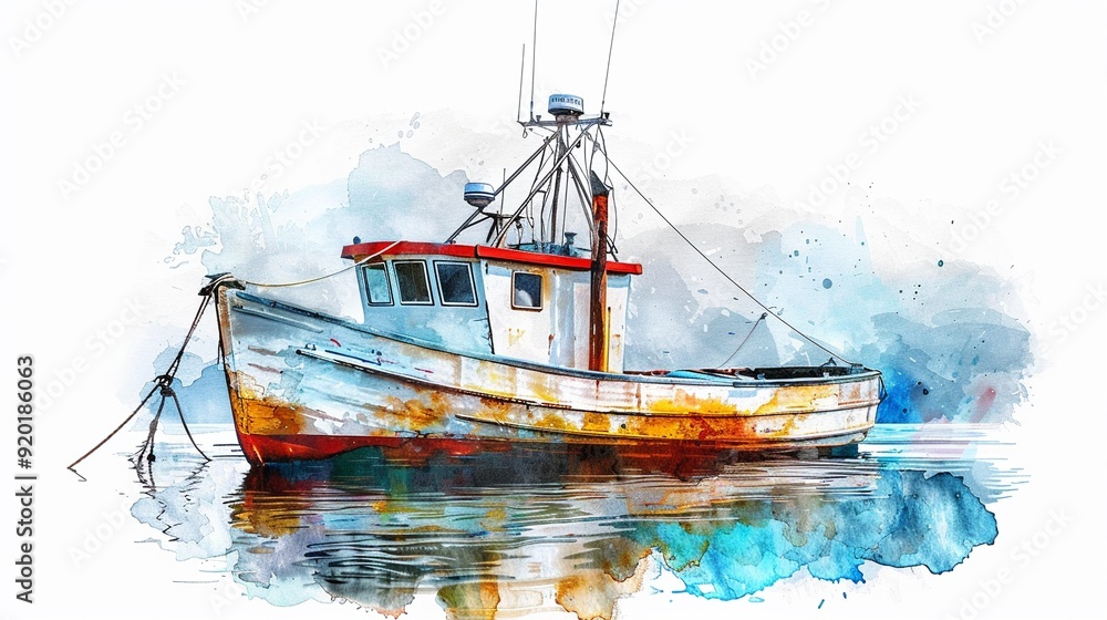 Fishing boat anchored in shallow waters,Clipart, watercolor ...