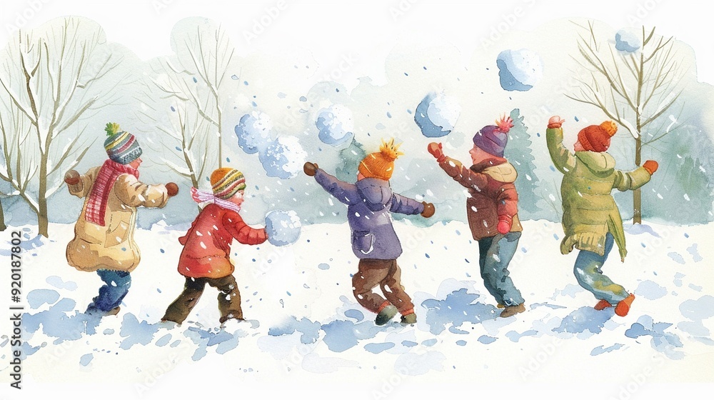 Having a snowball fight in winter scenes,Clipart, watercolor ...