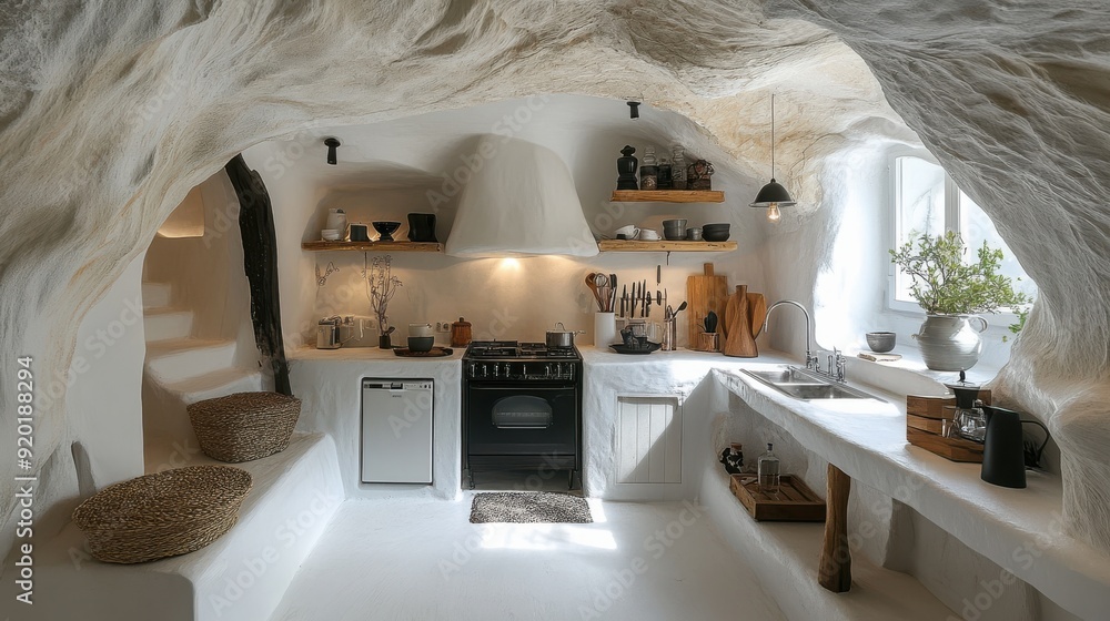 Santorini cave house kitchen. modern amenities blended seamlessly into ...