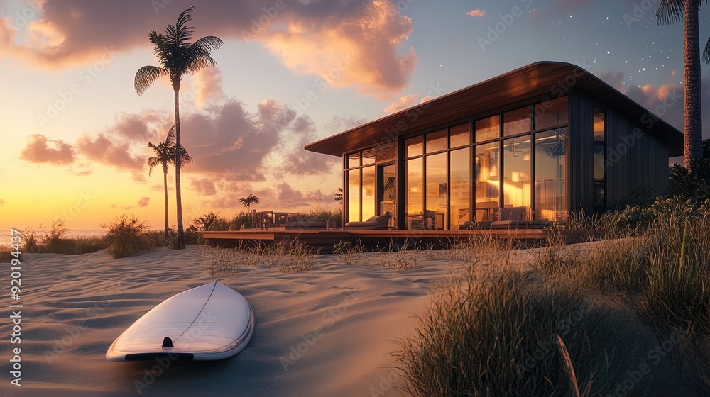 Coastal Serenity: Sunset Beach House with Surfboard - Perfect Poster ...