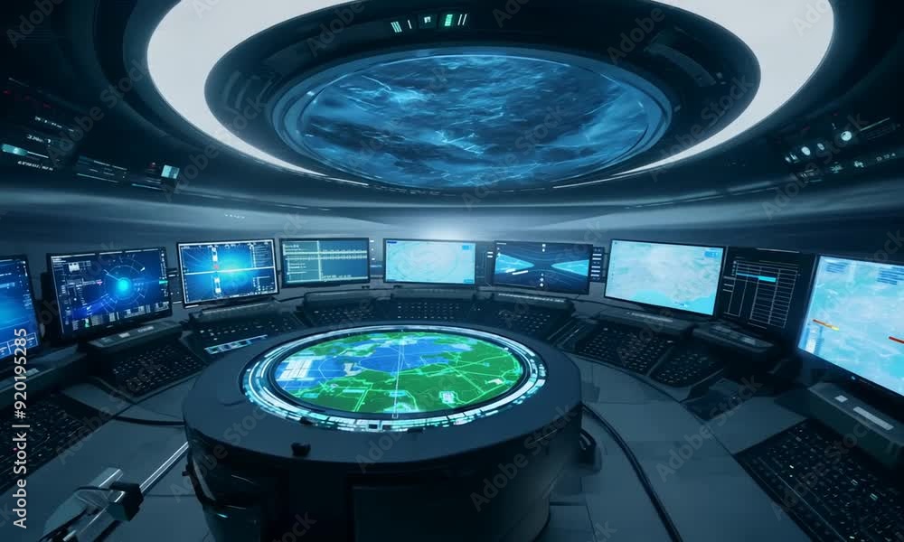 High-Tech Command Center: A futuristic control room with a circular table, multiple monitors ...