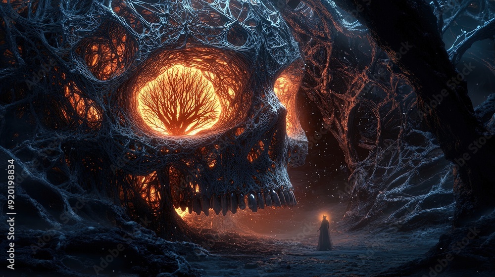 Intricate Colossal Skull Poster: Dark Forest Scene with Eerie Trees and ...