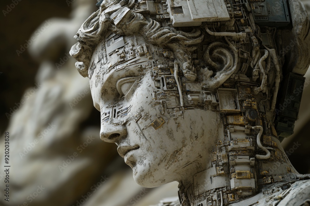 Digital illustration of a traditional sculpture with exposed computer ...