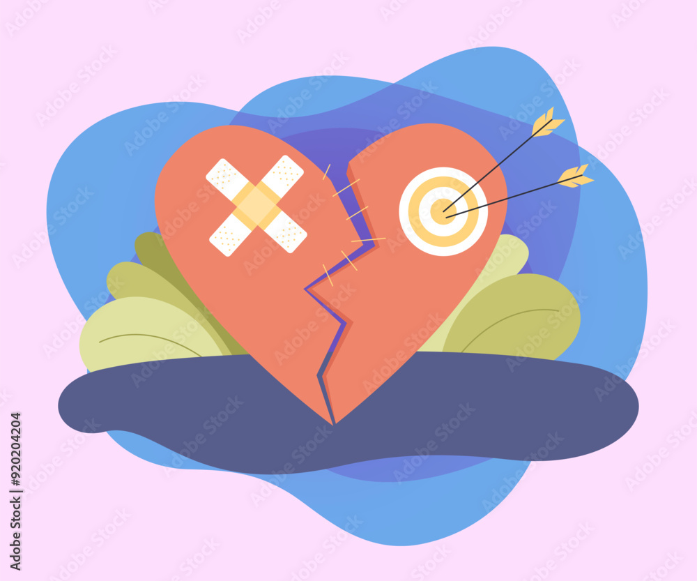 Broken heart flat vector illustration. Huge heart with target with ...