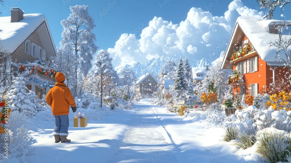 This 3D animation shows a postman delivering mail in a snow-covered ...