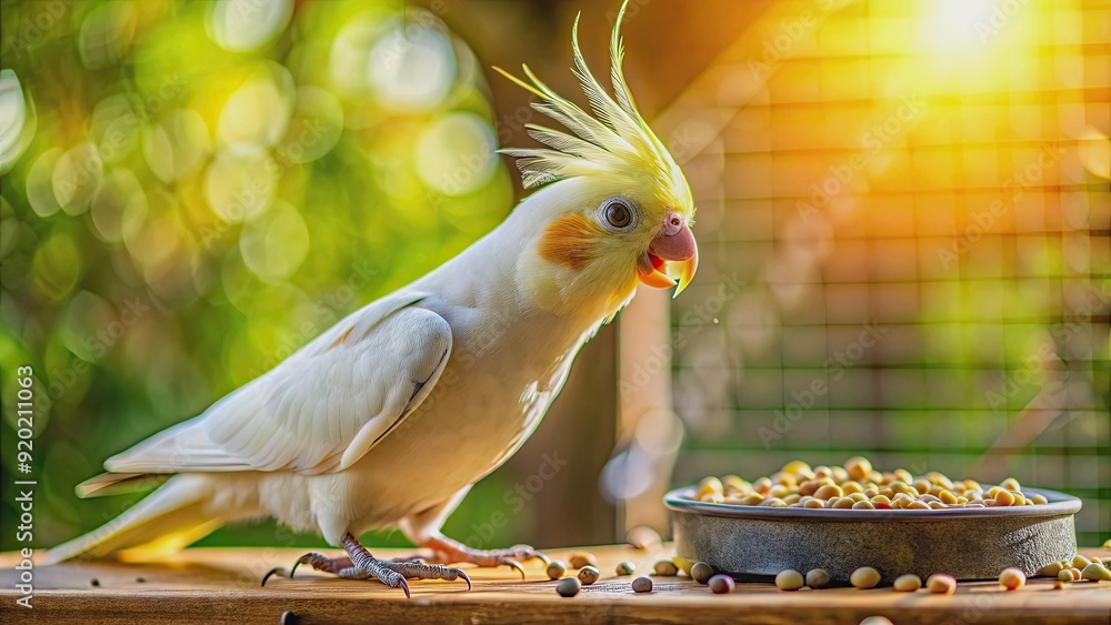 Lutino cockatiel with seed on face hopping into aviary in the morning ...