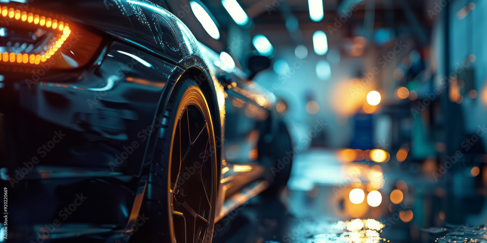 A car being repaired in a garage with lights on, featuring luxurious ...