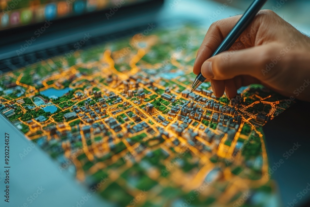 Hand with Pen Drawing Route on Digital Map Displayed on Laptop Screen ...