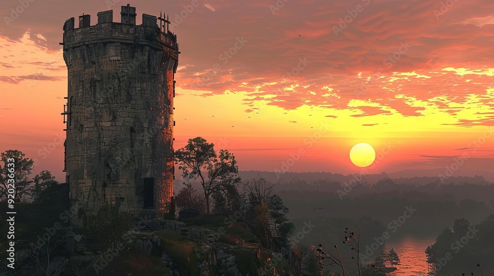 Dilapidated castle tower against a dramatic sunset, historic landmark ...