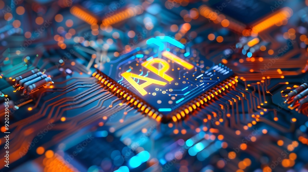 API visualization with background computer circuit board or microchip, application programming ...