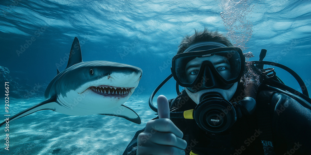 Scuba diver giving thumbs up with great white shark swimming in ...