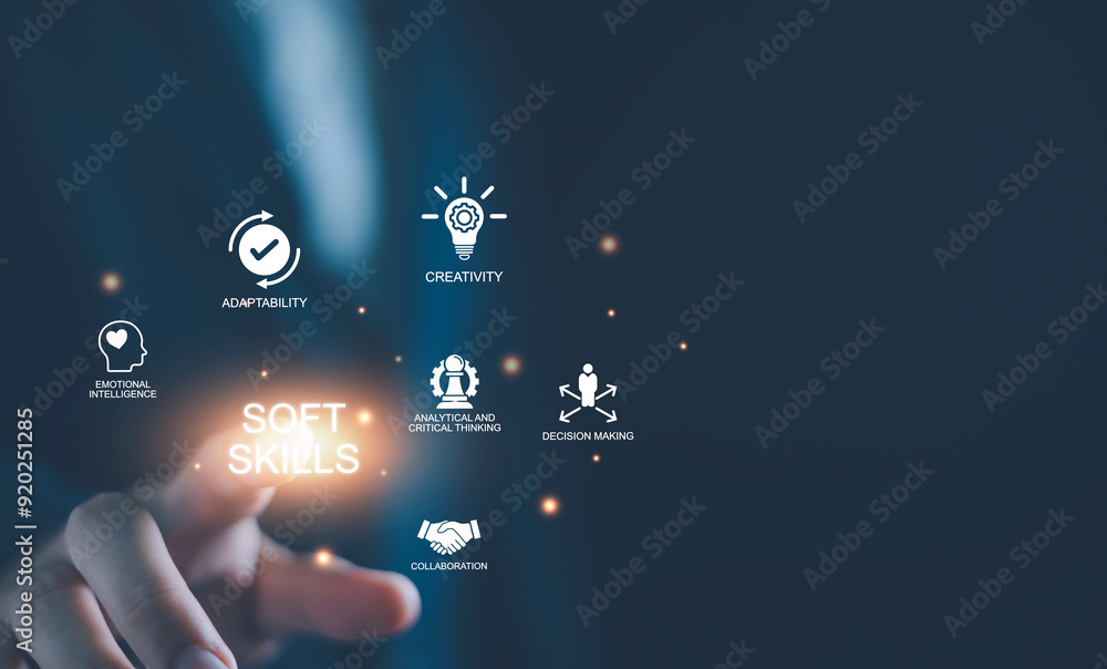 Soft skills HR concept. Business man with icons of soft skills ...