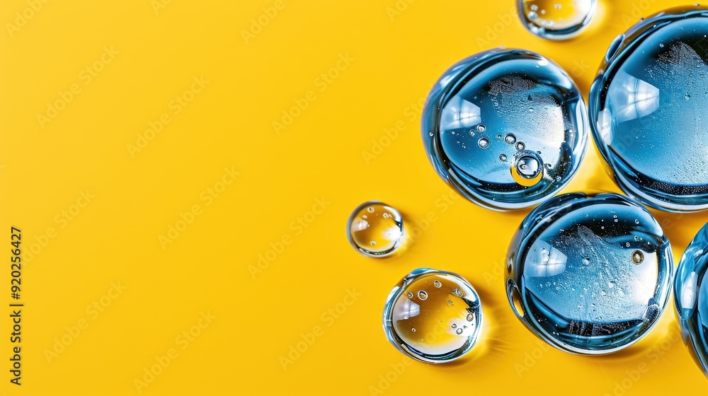 A yellow surface is covered by a cluster of water droplets, each ...