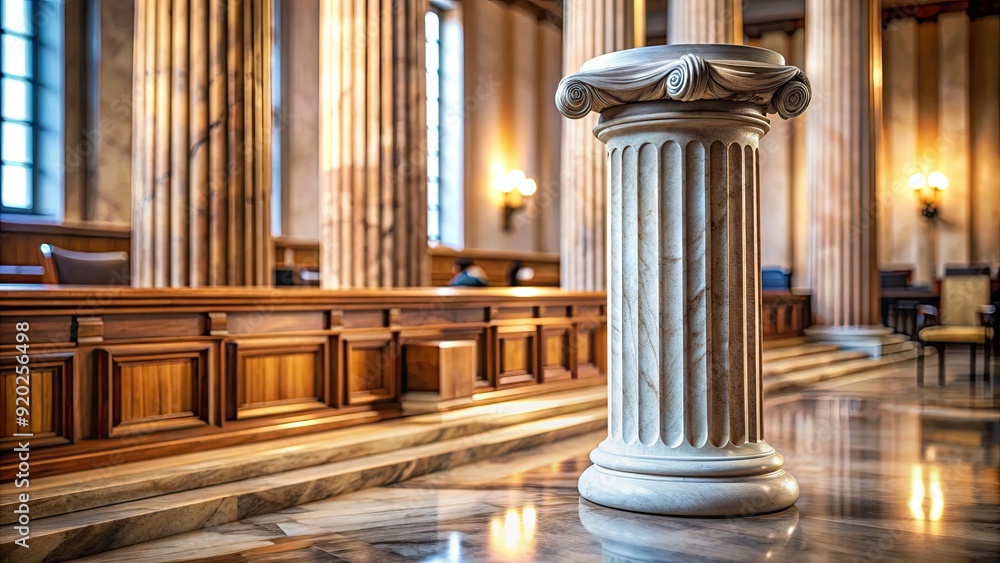 Ancient marble pillar stands solemnly against a blurred courtroom ...