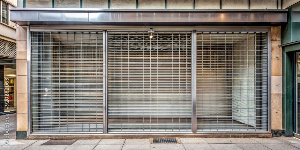 A deserted storefront with a metal grate pulled down, a "Closed" sign ...