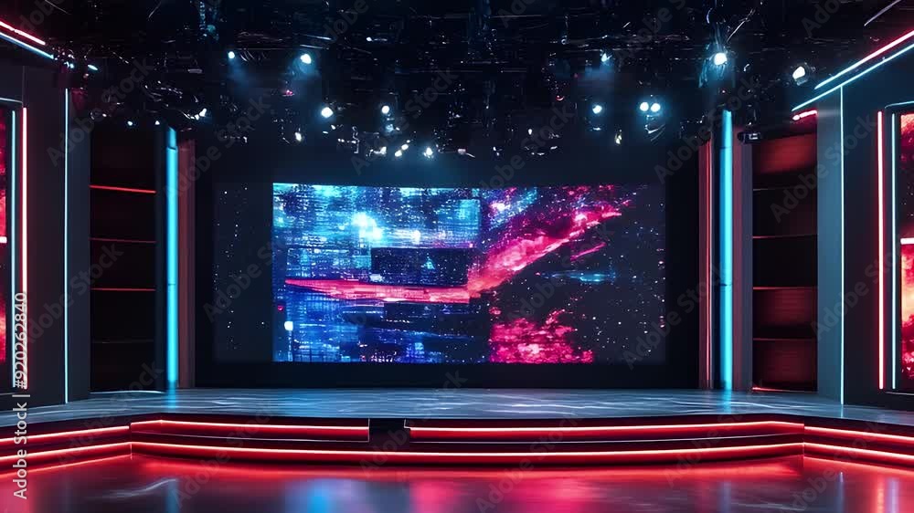 high-tech studio with a digital backdrop displaying animated graphics ...