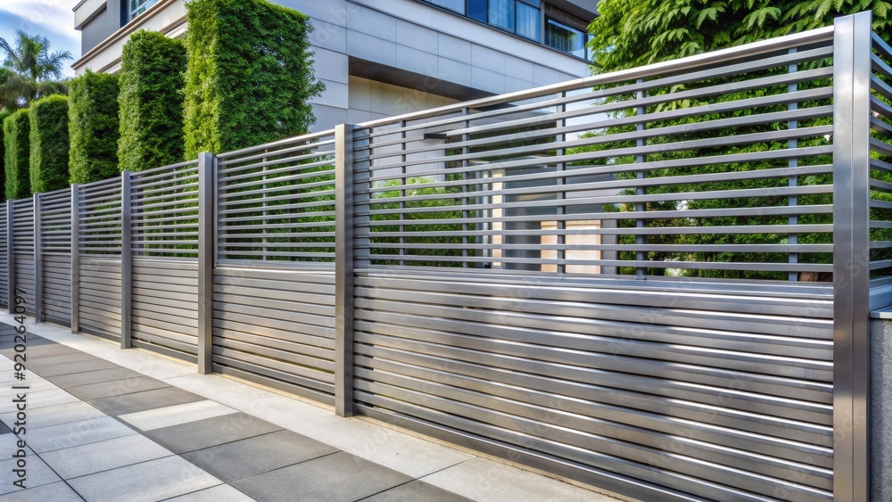 Sleek silver metal fence with horizontal bars and sleek modern design ...