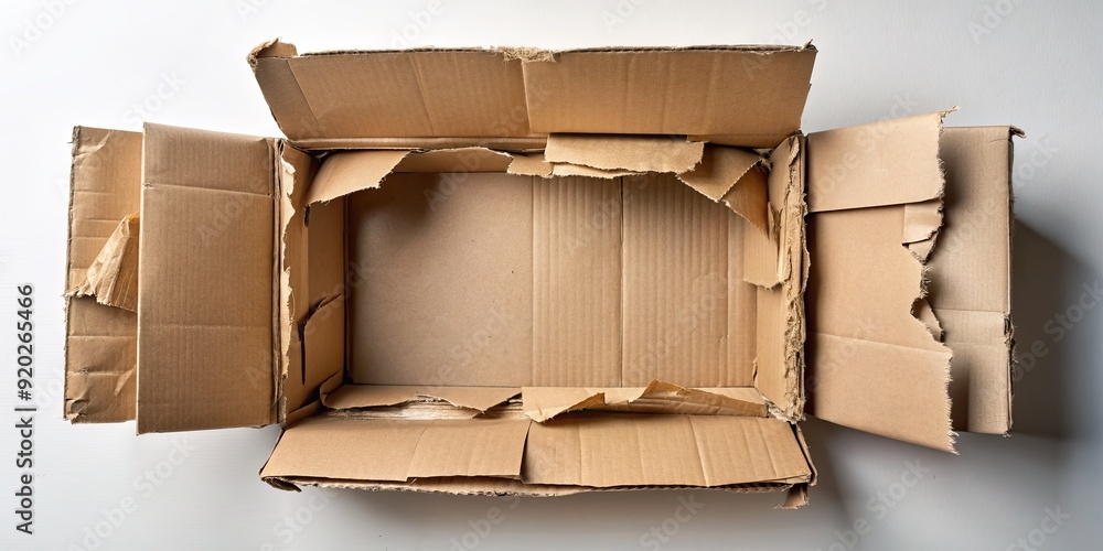 A torn and creased open cardboard box reveals its empty interior, with ...