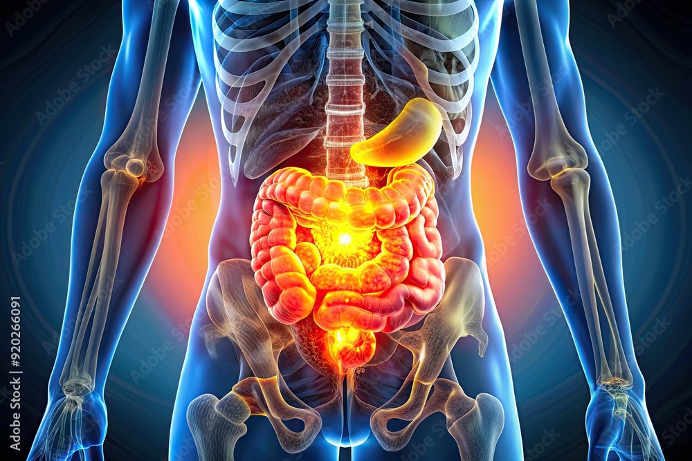 Illuminated 3D illustration of a painful intestinal fistula, showing ...