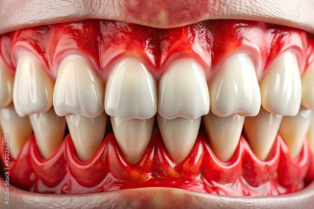 Close-up of inflamed gums, with bright red bleeding and swelling ...