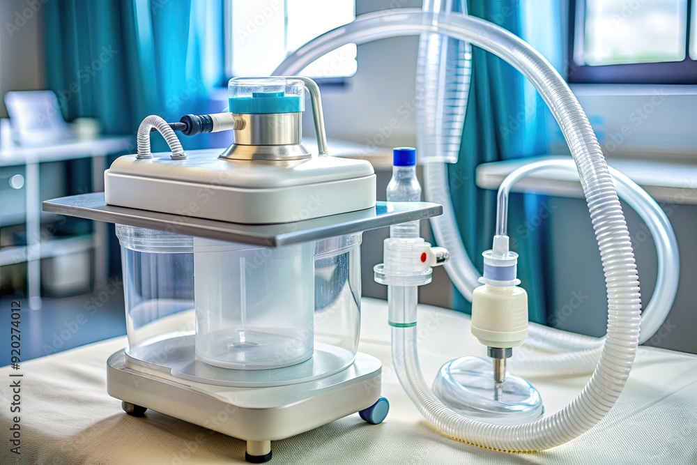 A modern aspirator medical device sits on a hospital counter, its clear ...
