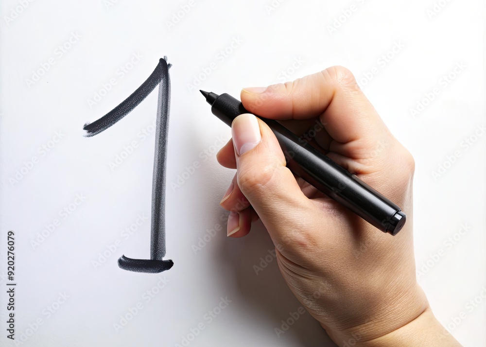 Close-up of a human hand holding a black marker, carefully writing the ...