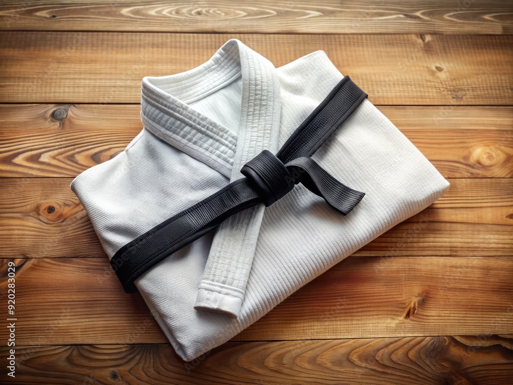 Traditional white gi with black belt and embroidered kanji symbols ...