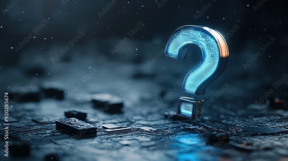 Neon blue glowing question mark floating against a dark, starry background with a digital aura ...