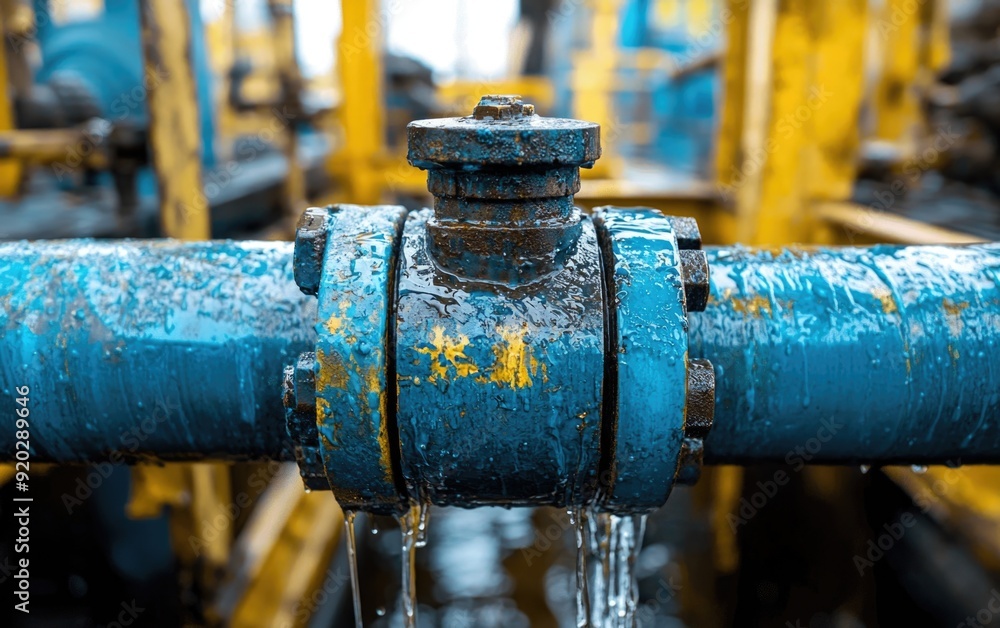 Industrial close-up of oil well head with flowing oil through pipes ...