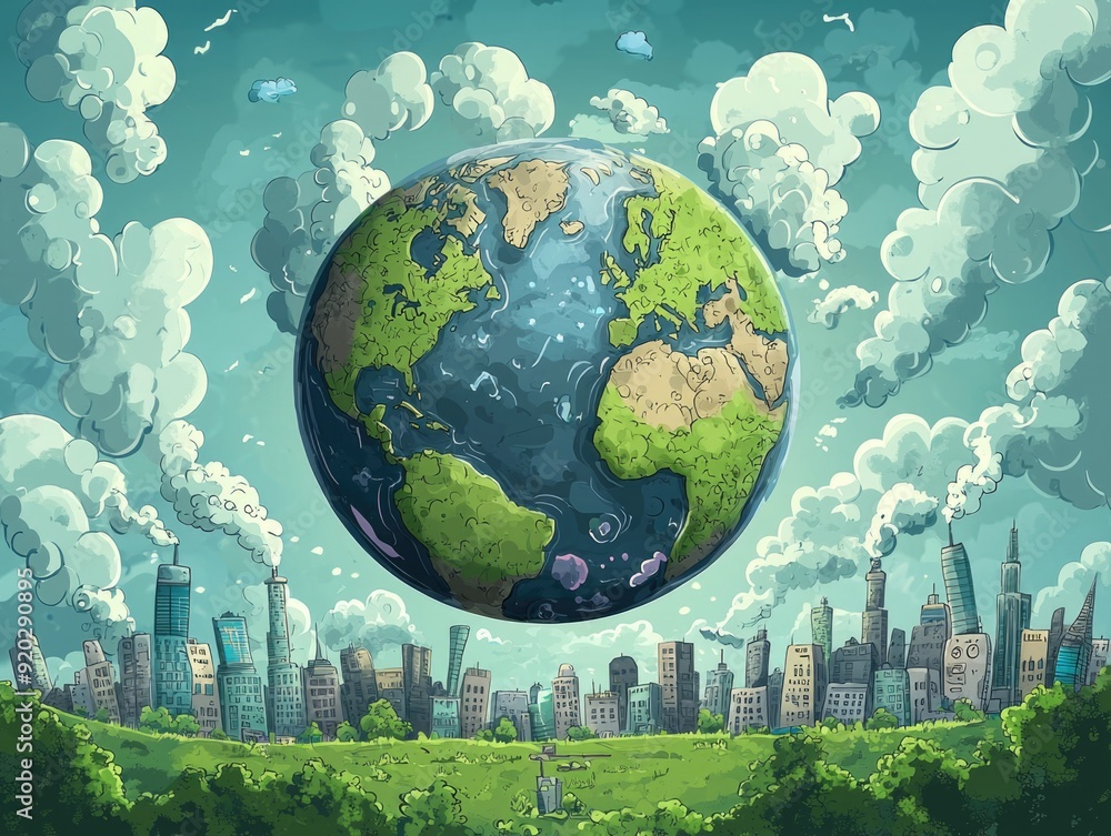 Cartoon Earth enveloped by greenhouse gases and pollution bubble ...