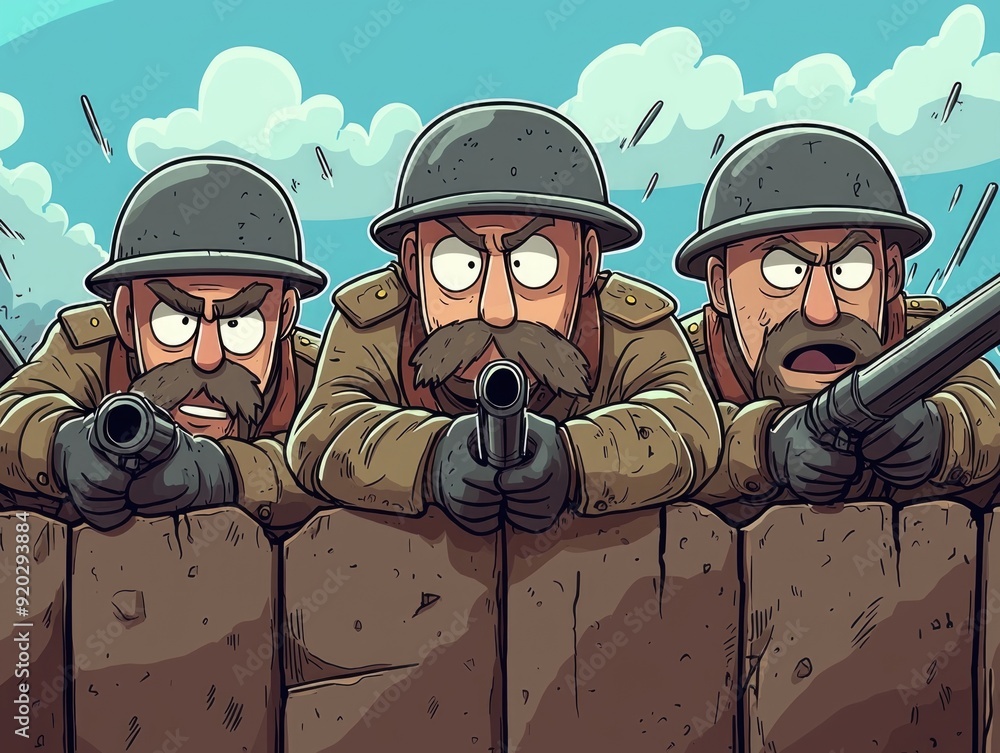 Brave Cartoon Soldiers in Trench Warfare with Heavy Artillery Fire ...