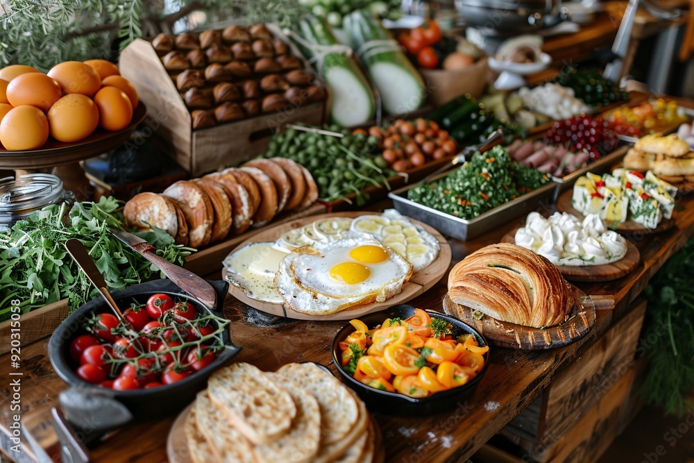 Brunch spread with a variet of dishes pastries. Village Breakfast with ...