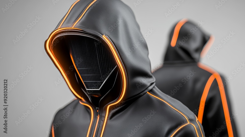 Cyberpunk-inspired leather outfit with neon piping, a detachable cape ...