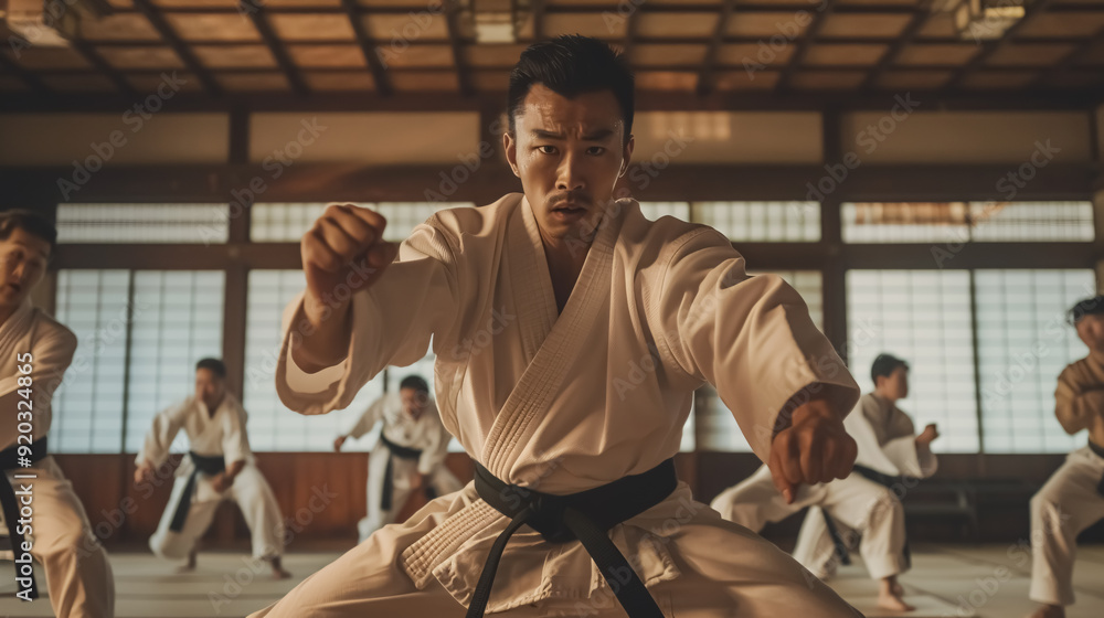 A karate training session in a dojo hall with an Asian sensei wearing a ...