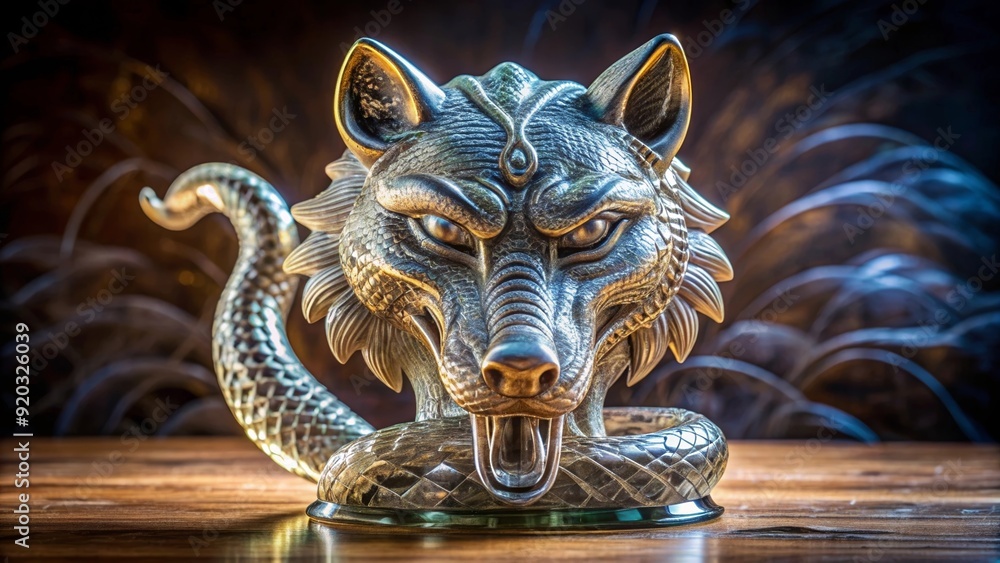 Intricate glass sculpture of a Dacian war symbol with wolf head and ...