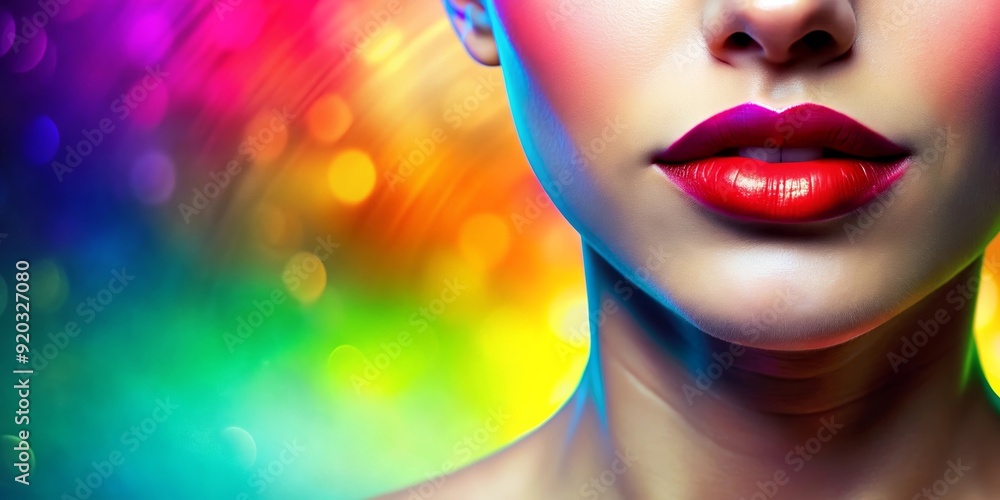 Stylized partial face with luscious lips against multicolored gradient ...