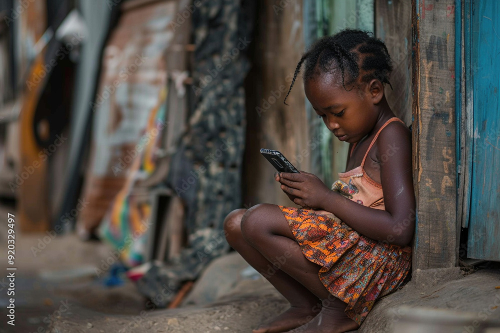 African girl looking at mobile phone in the getto slums. Homeless child ...