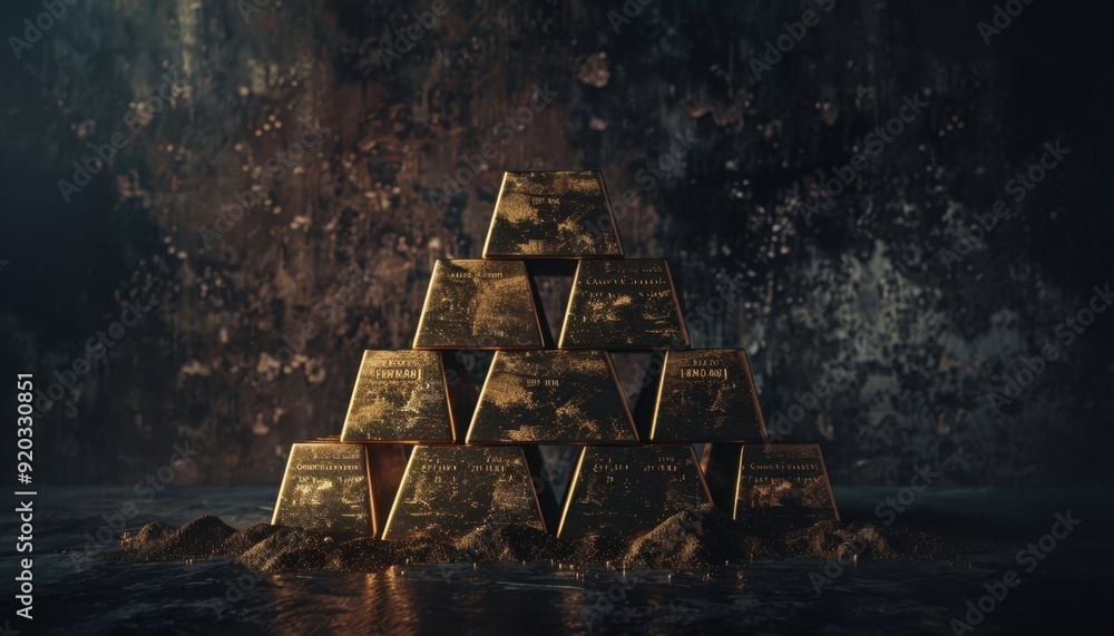 Gold bars stacked in a pyramid formation against a dark, textured background with reflections ...