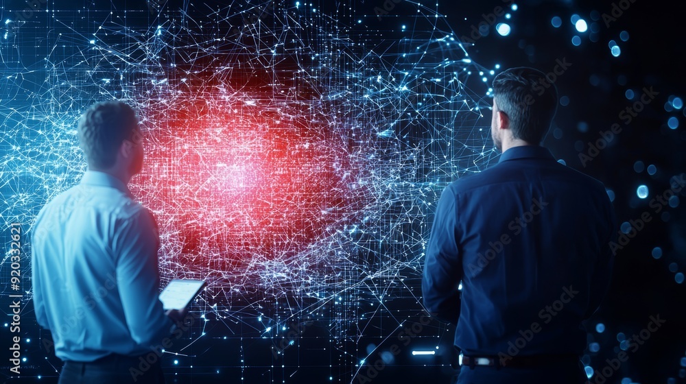 Two professionals analyze digital data visualization, exploring ...